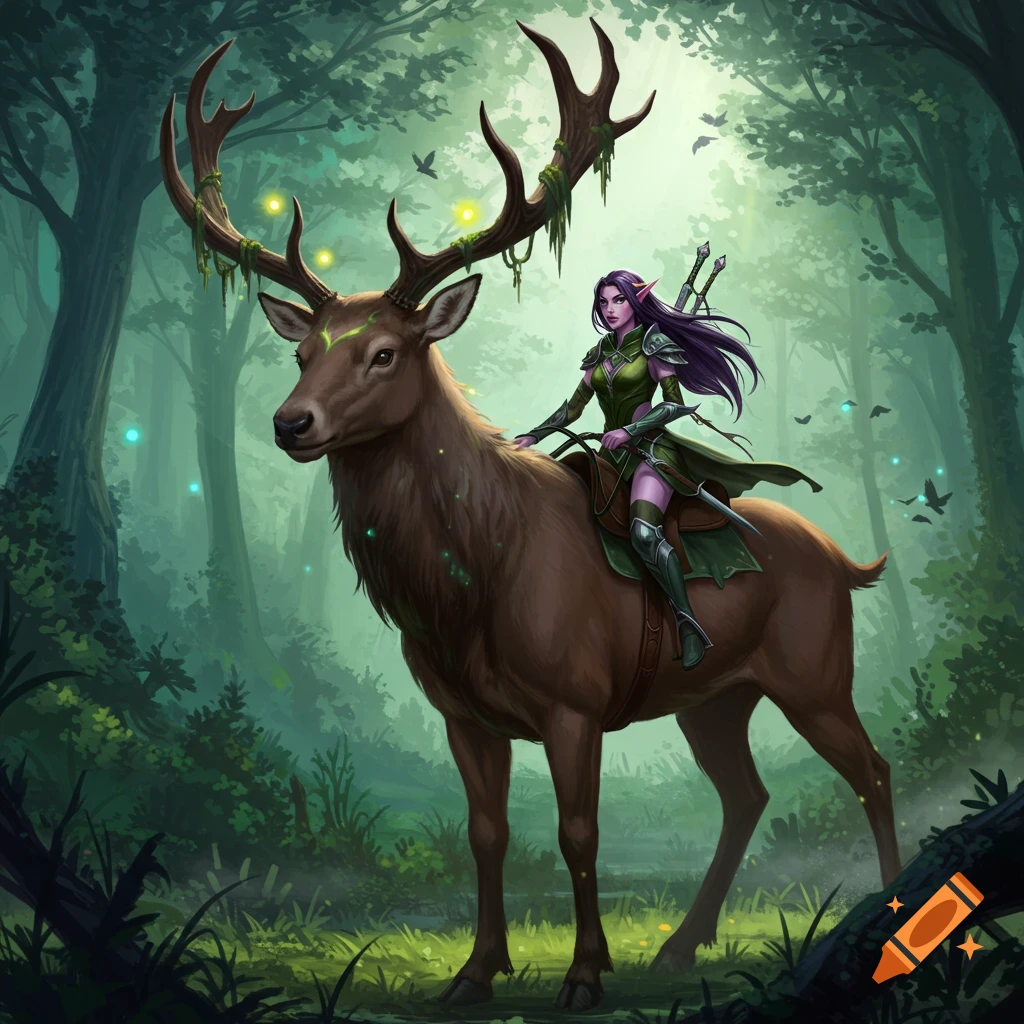 A female elf ranger with purple hair rides a large, majestic stag through a mystical, glowing ...