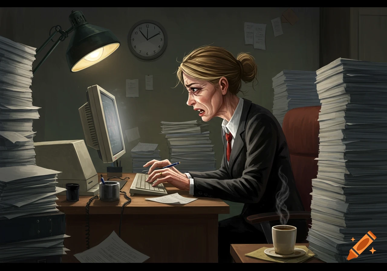 A person sitting at a cluttered desk, surrounded by stacks of papers ...