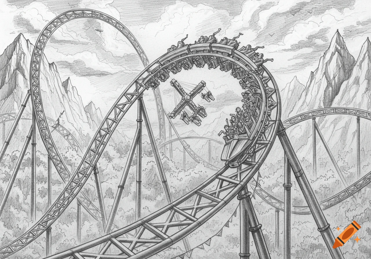Detailed pencil drawing of a roller coaster with people on a loop, an ...