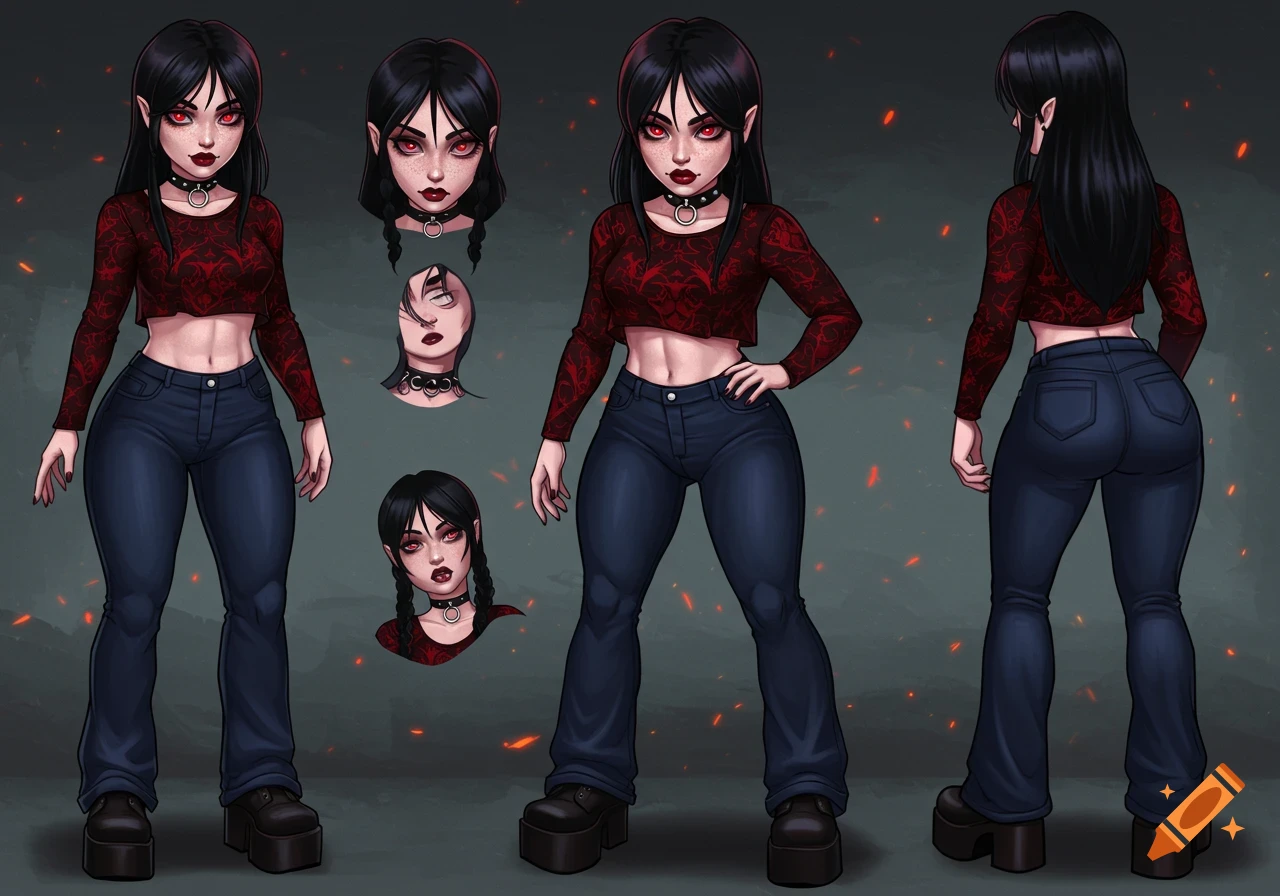 Gothic female vampire character sheet with multiple full-body poses and ...