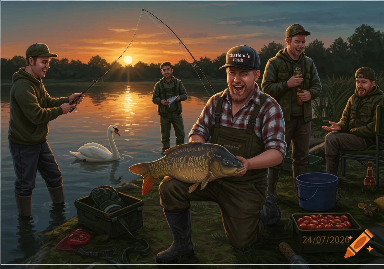 Illustration of five men fishing on a lake at sunset, one man proudly ...