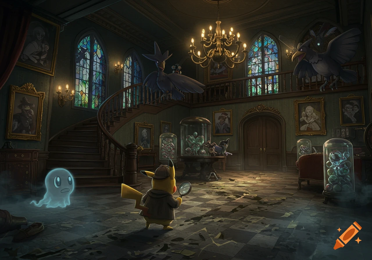 Detective Pikachu and a ghost Pokemon in a dark, gothic mansion with ...