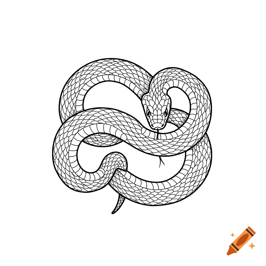 A black and white line art drawing of a coiled snake wrapped around ...