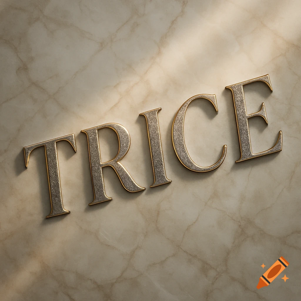 Golden glittery 3D letters spelling 'TRICE' on a marble surface, with ...