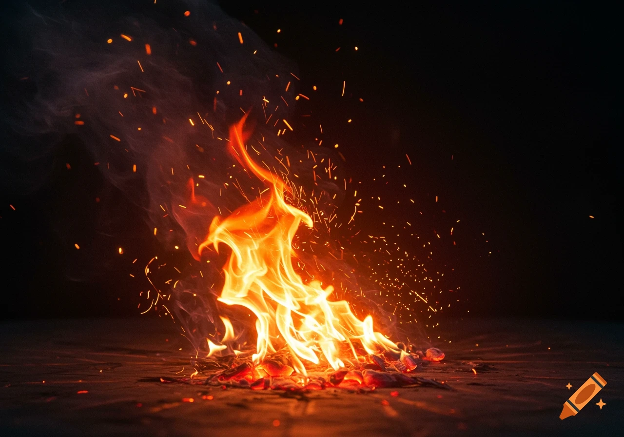 Vibrant orange and yellow fire burns with rising sparks and smoke ...