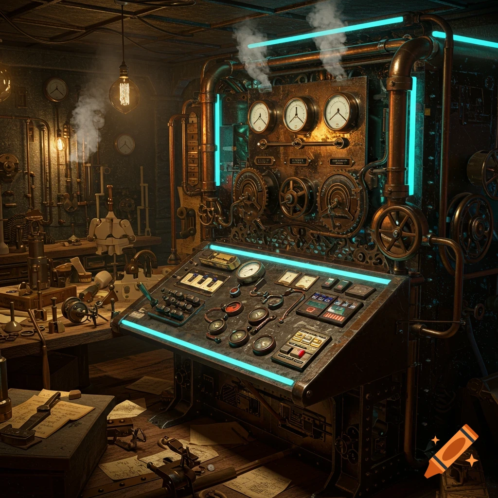 Detailed steampunk laboratory with an intricate mechanical interface ...