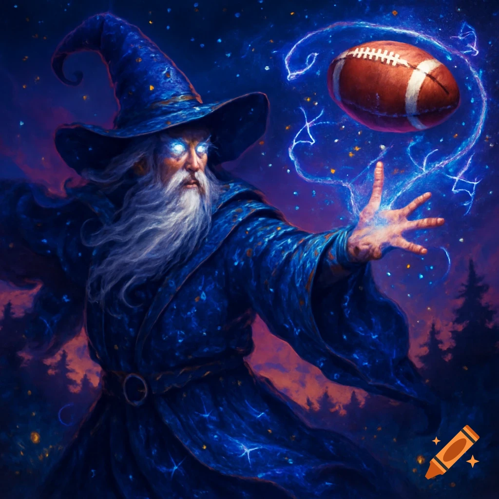 A powerful wizard in a blue robe with glowing eyes magically throws an American football under a ...