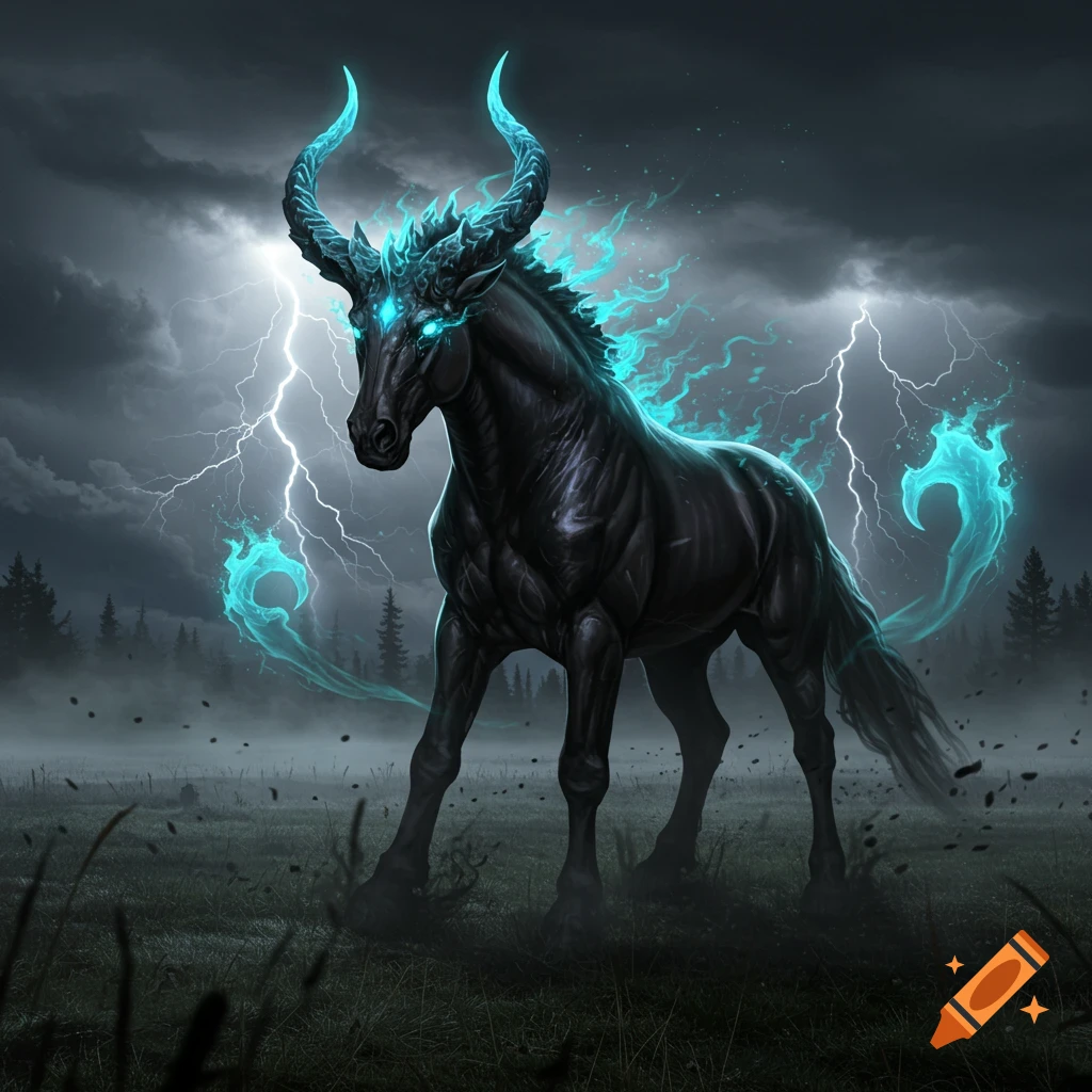 A majestic dark fantasy horse-like monster with glowing blue horns and ...