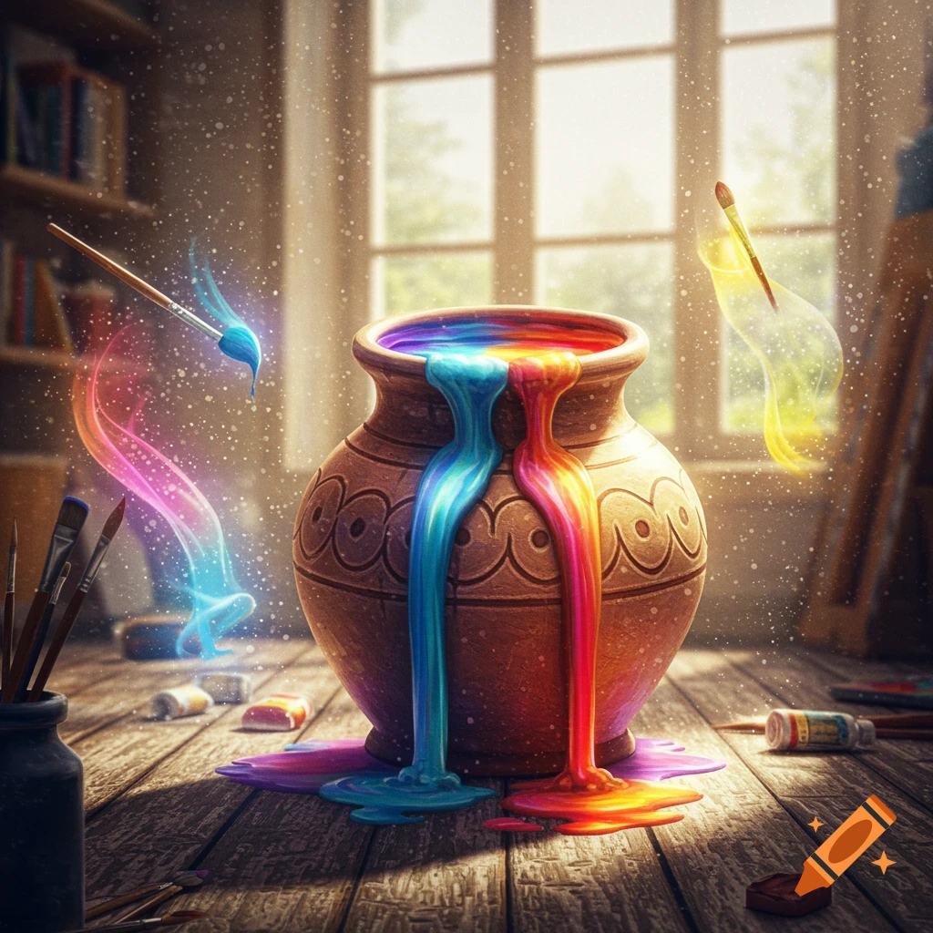 A clay pot overflows with vibrant rainbow paint onto a wooden floor ...