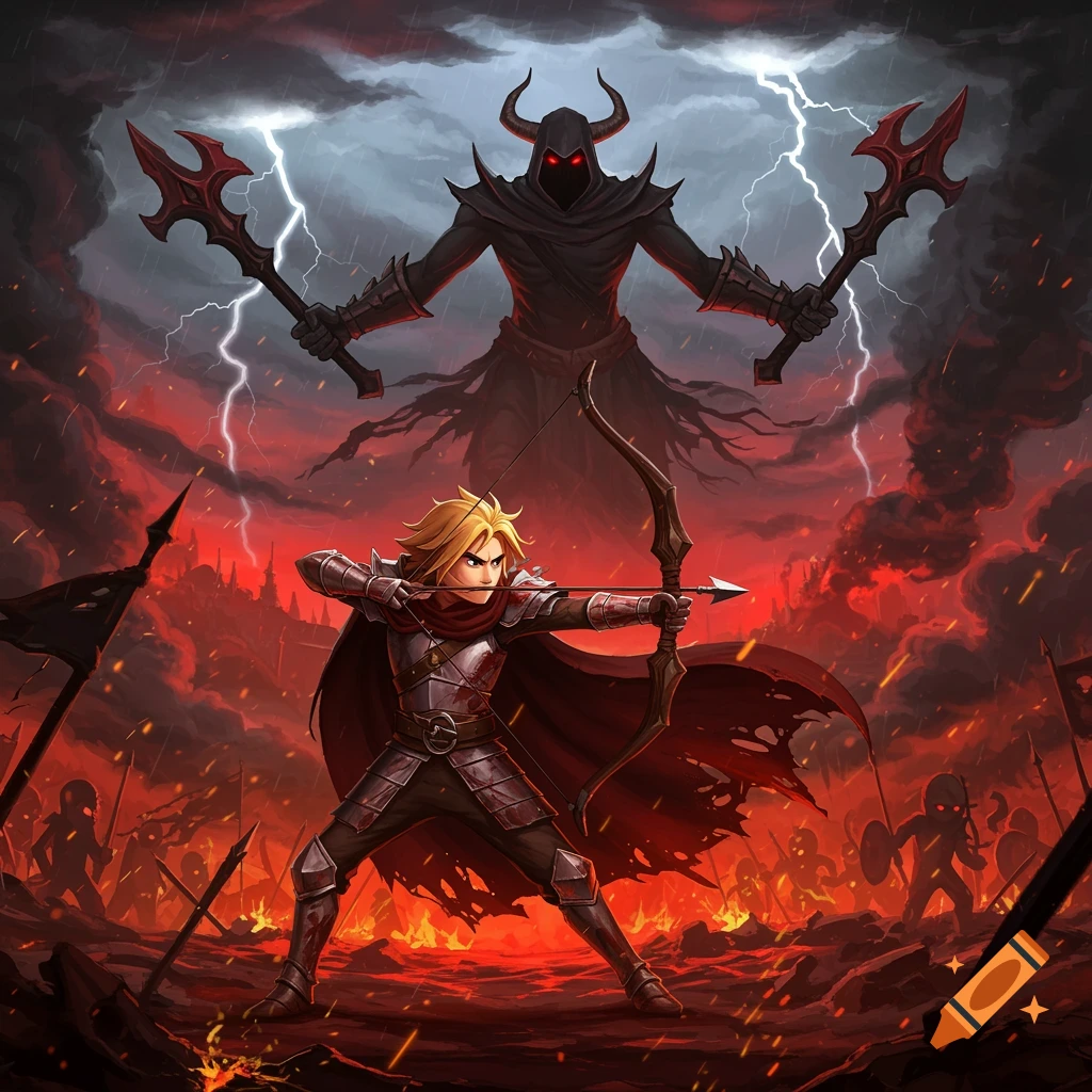 A blonde archer aims a bow at a large horned demon on a fiery ...