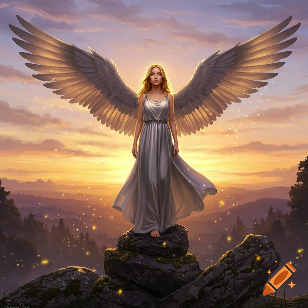 A female angel in a flowing white dress with large wings stands atop a ...