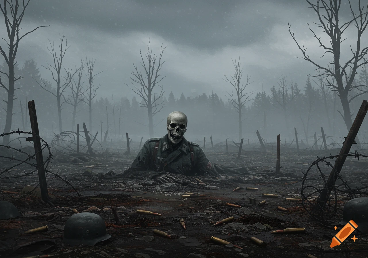 Photorealistic view of a war-torn city street with ruined buildings ...