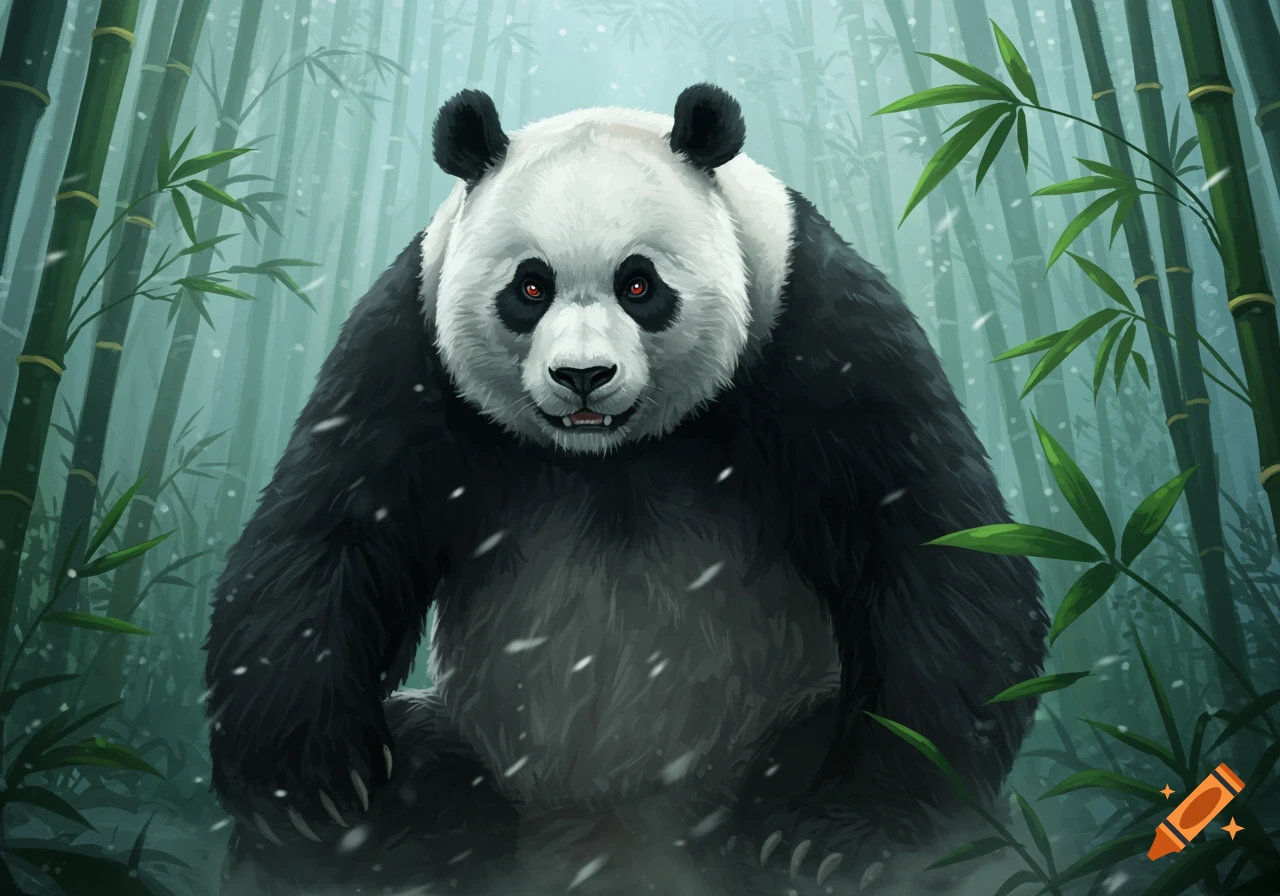 An angry panda with glowing red eyes and bared teeth, crouched in a ...