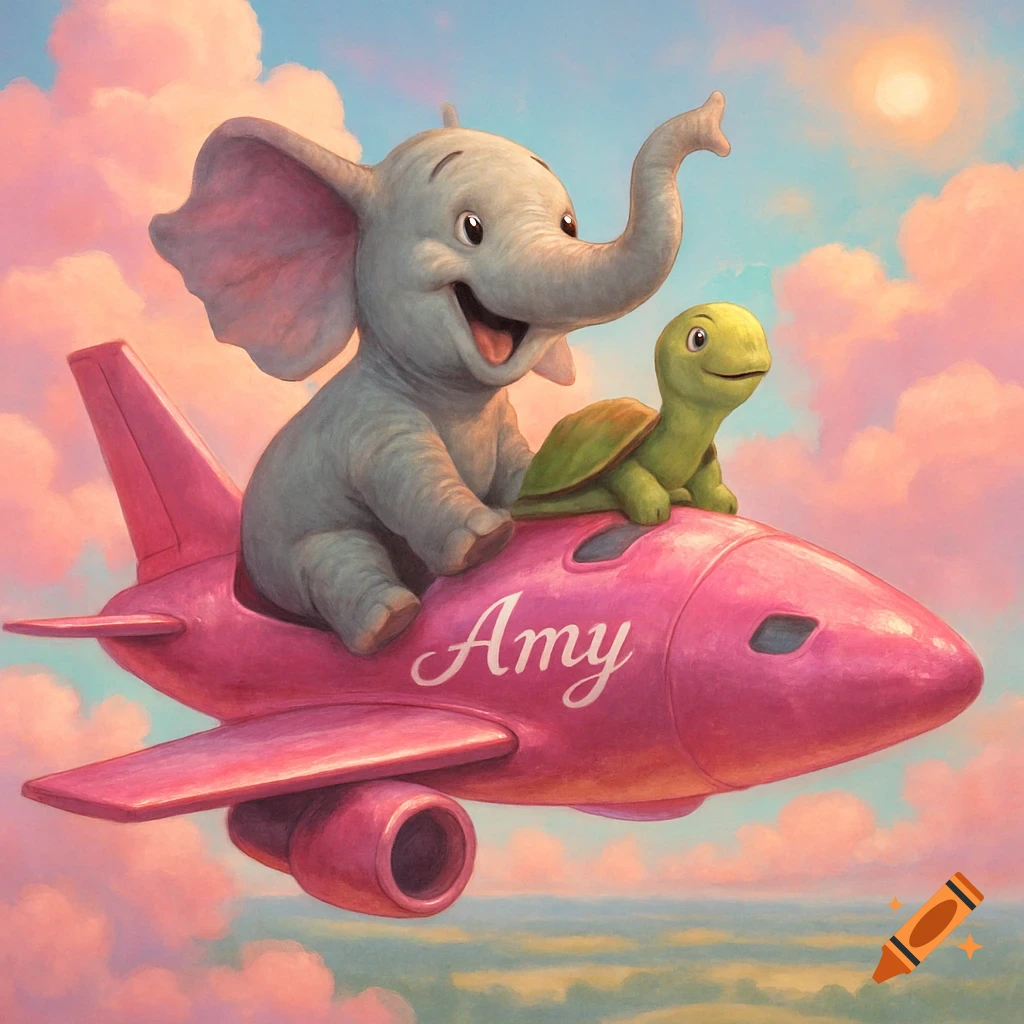 A happy cartoon elephant and turtle fly on a pink jet plane with 'Amy ...