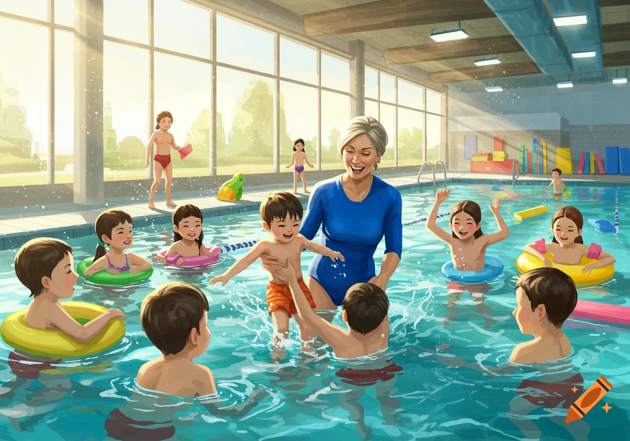 An illustration of children and an adult instructor during a swimming ...