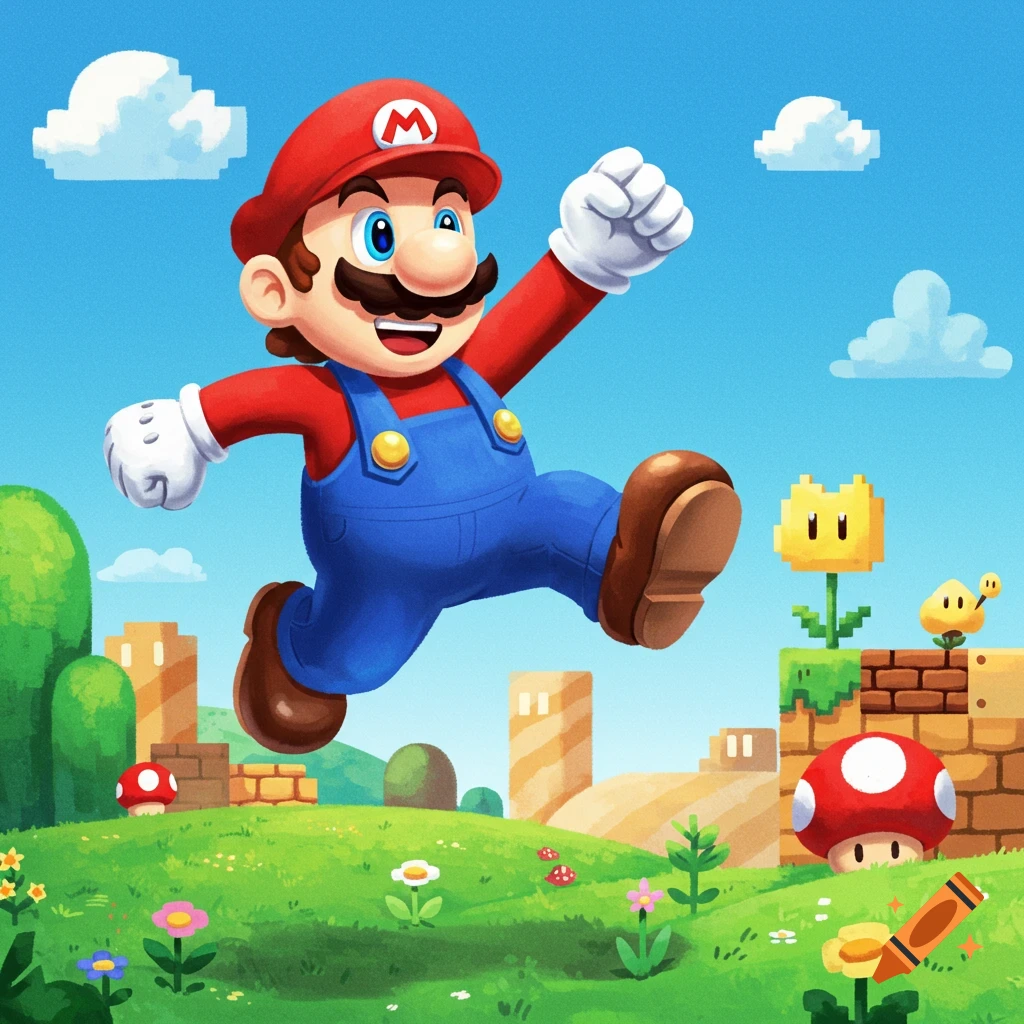 Mario jumps joyfully through a vibrant, cartoon-style landscape with ...