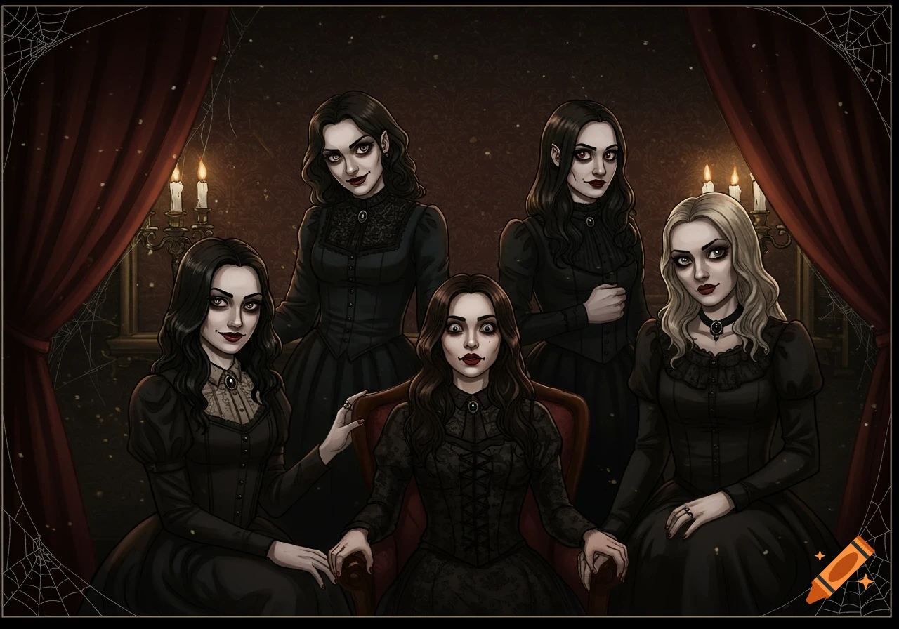 Five women in gothic attire pose in a dimly lit, vampire-like parlor ...