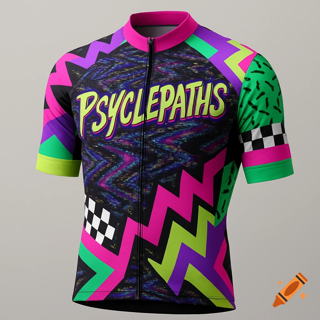 A vibrant 90s-style cycling jersey with a black base, neon pink, lime ...