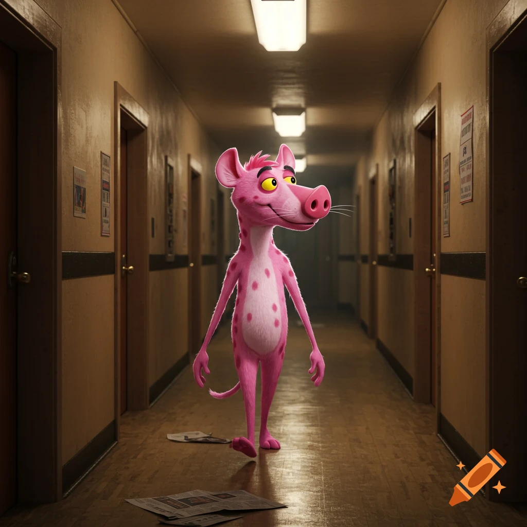 Elderly woman wearing a cartoony Mewtwo fursuit in an empty room on Craiyon