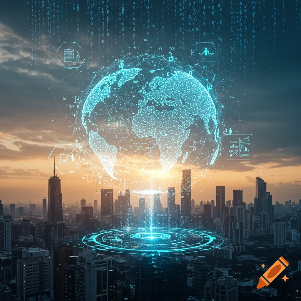 A futuristic cityscape at sunset with a glowing digital globe, interconnected data networks, and ...
