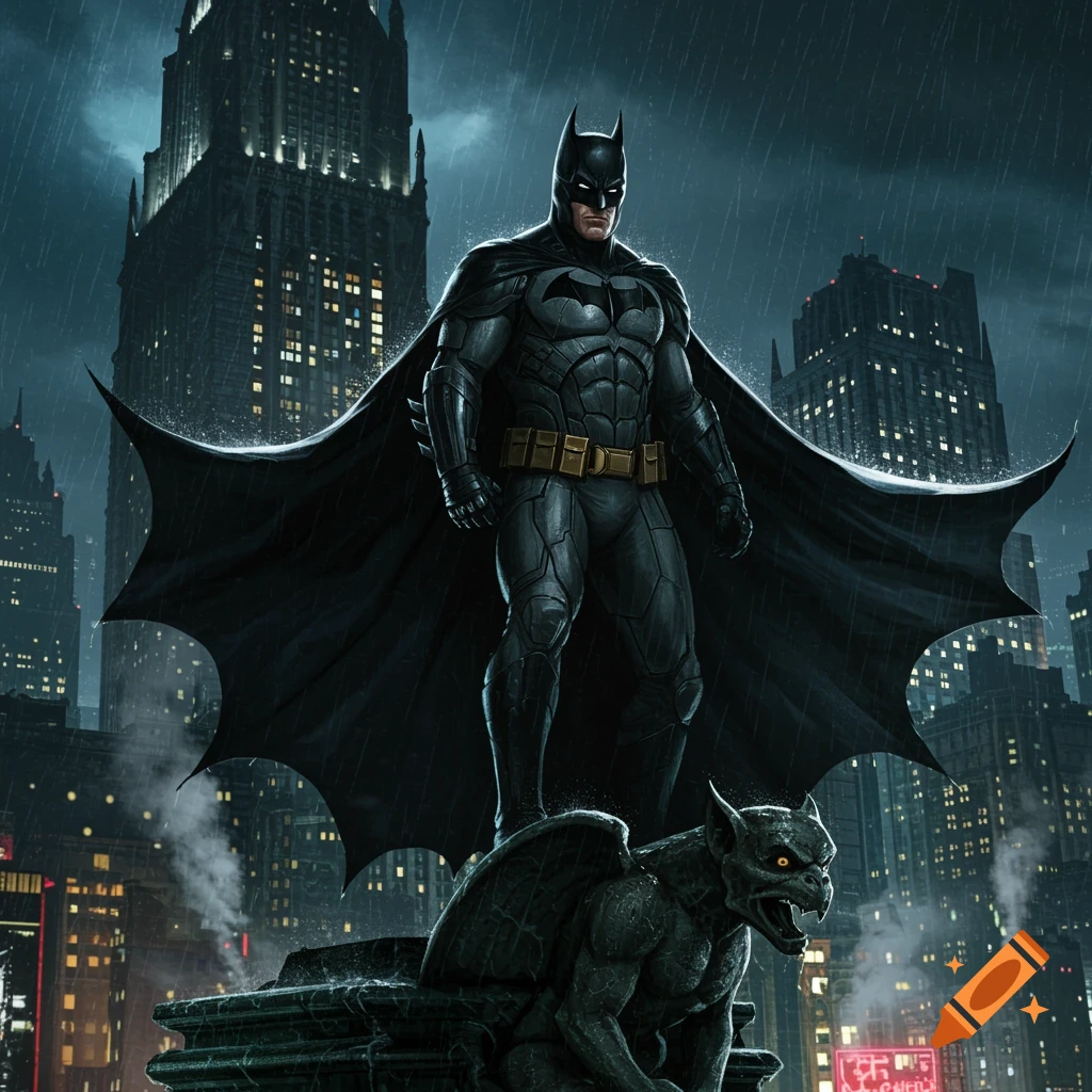 Close-up of Batman's intense face in a dark, gritty comic book art ...