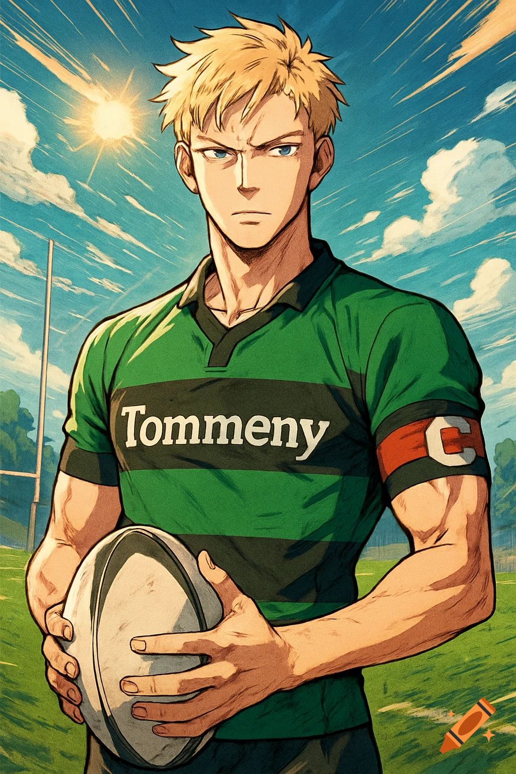 Anime-style illustration of a serious male rugby player in a green and ...