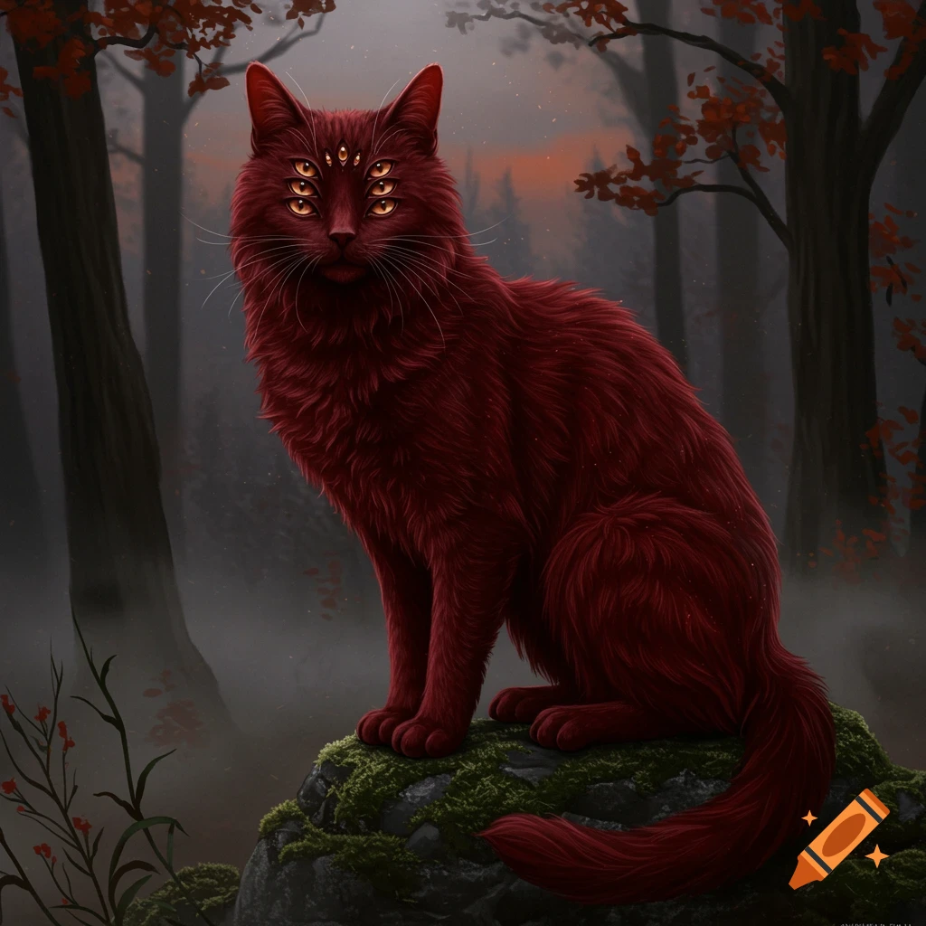 A dark red, six-eyed cat sits on a mossy rock in a mysterious, misty ...