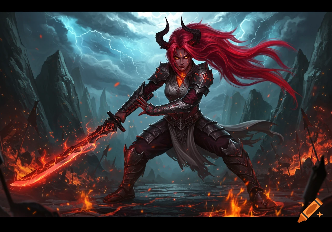 A female Tiefling knight in dark plate armor stands holding a glowing ...