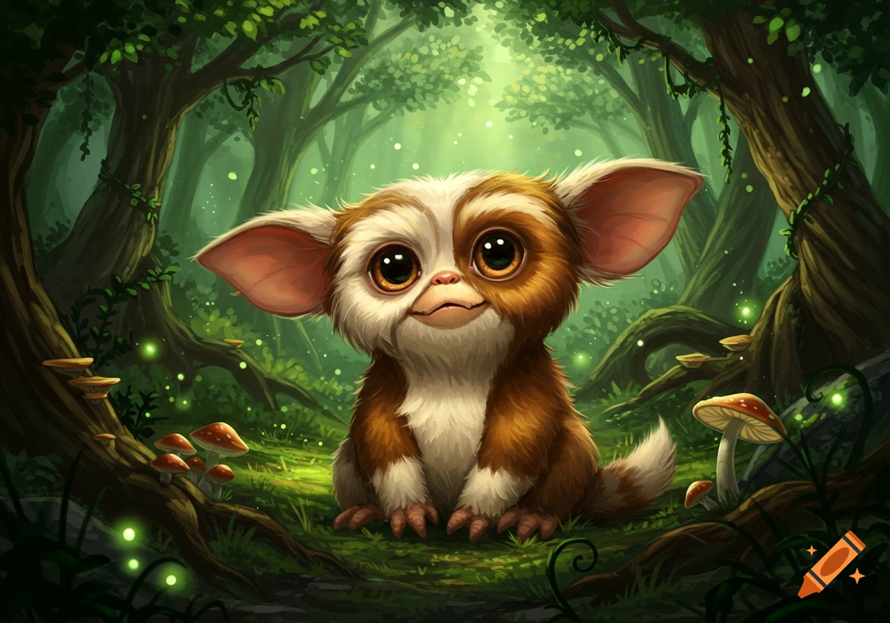 A cute, furry creature resembling Gizmo from Gremlins sitting in a ...