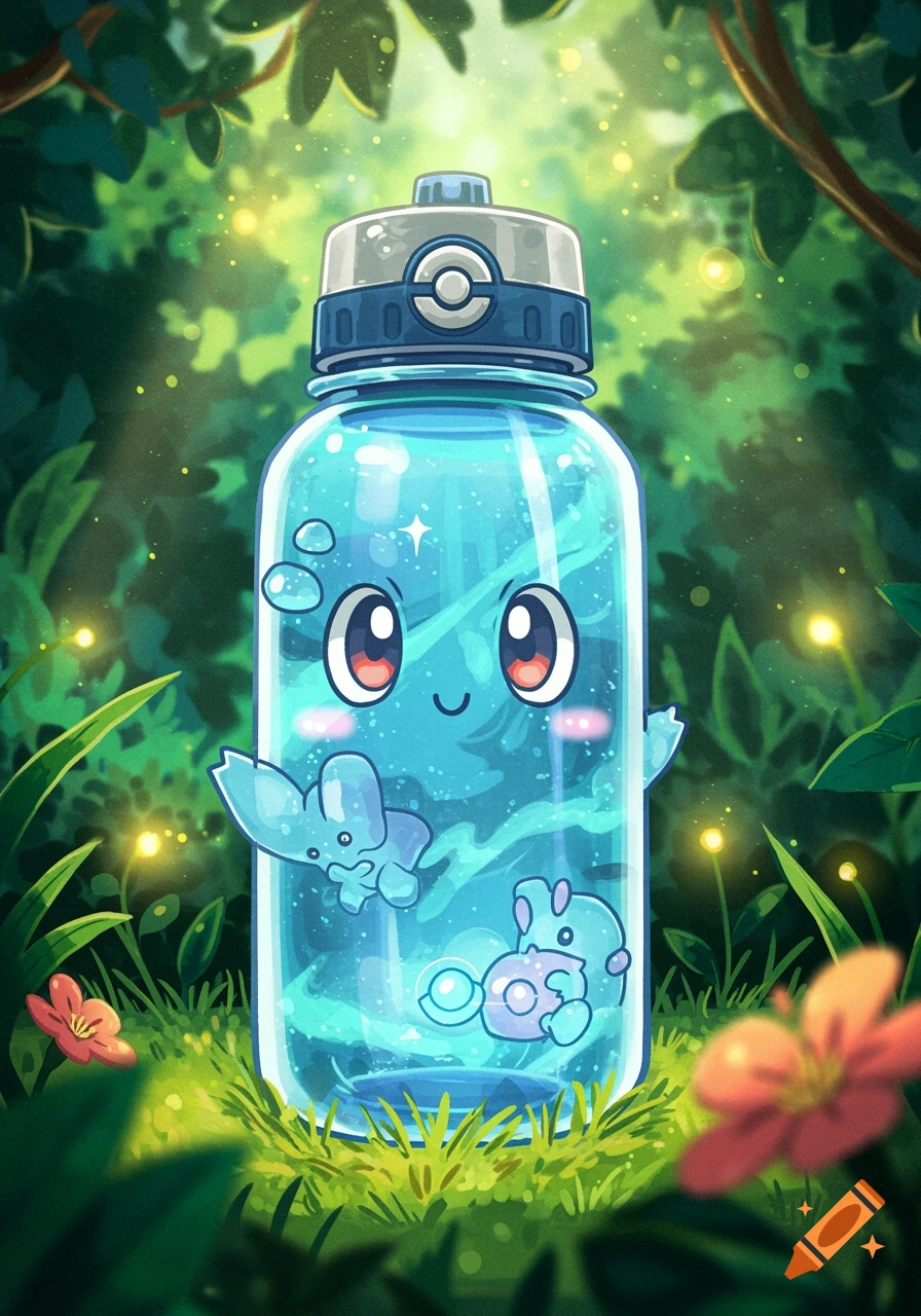 Cute cartoon blue water bottle with a Pok éball cap, holding small Pok émon-like creatures, set ...