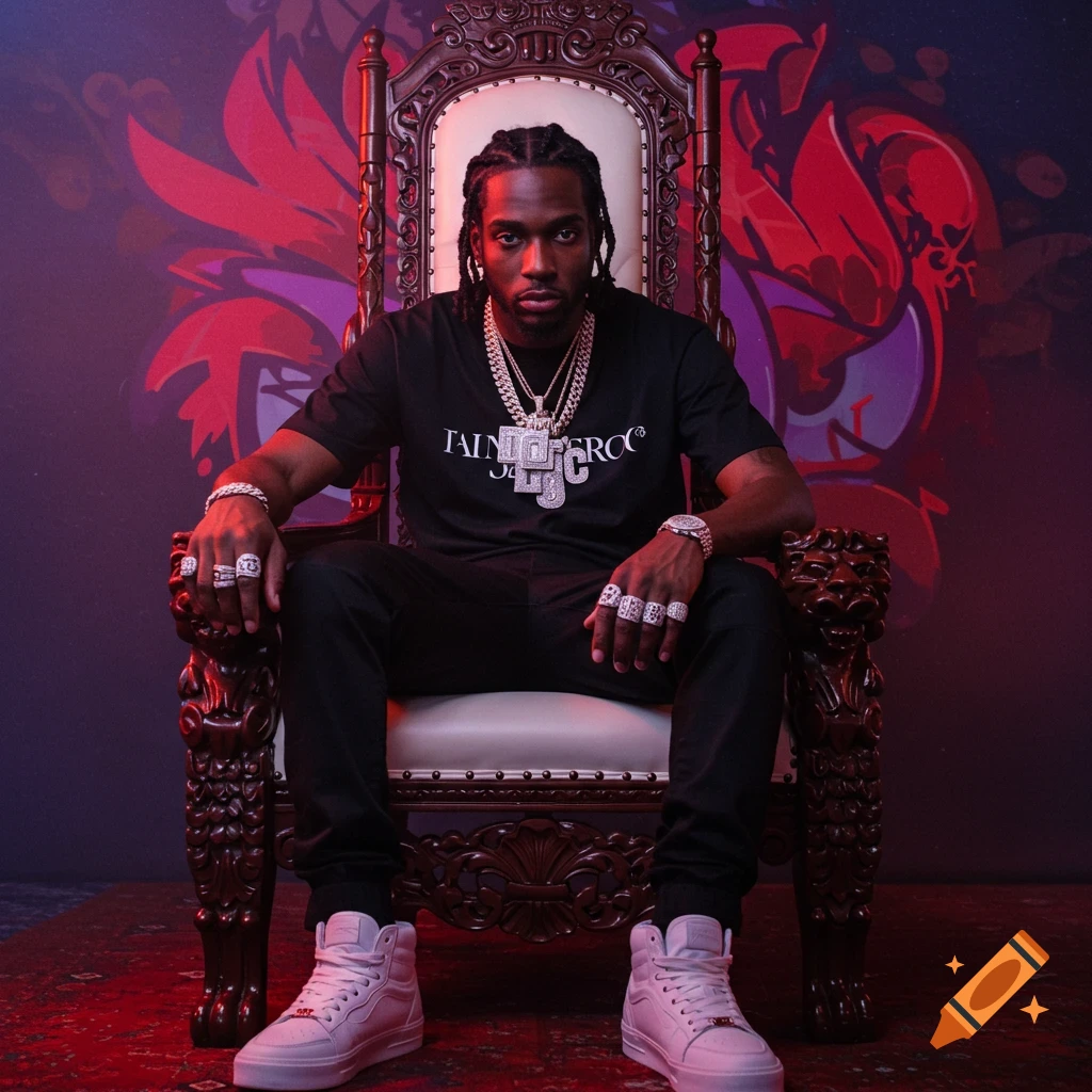 A black man with braids and jewelry sits on an ornate throne against a ...