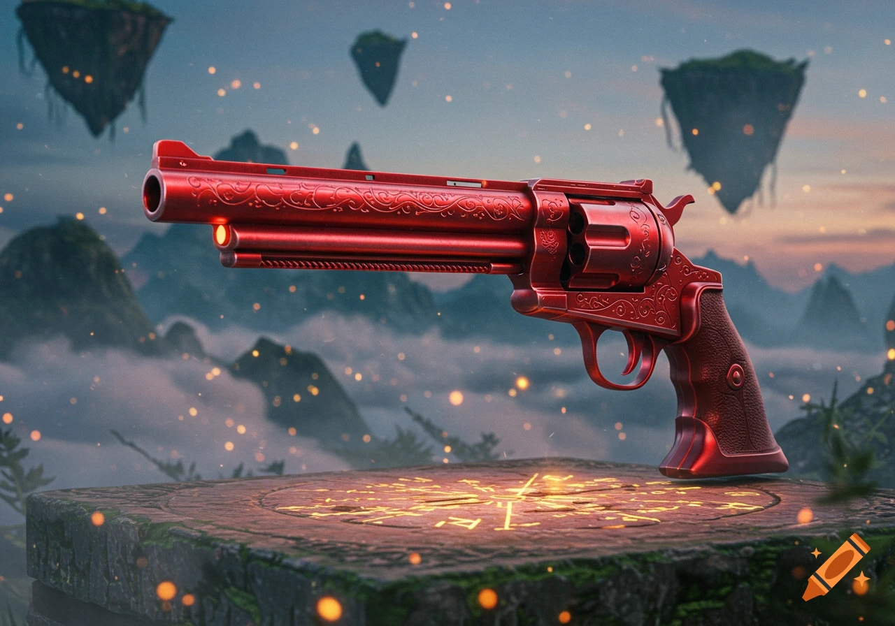 A detailed red revolver rests on a glowing stone pedestal in a misty ...