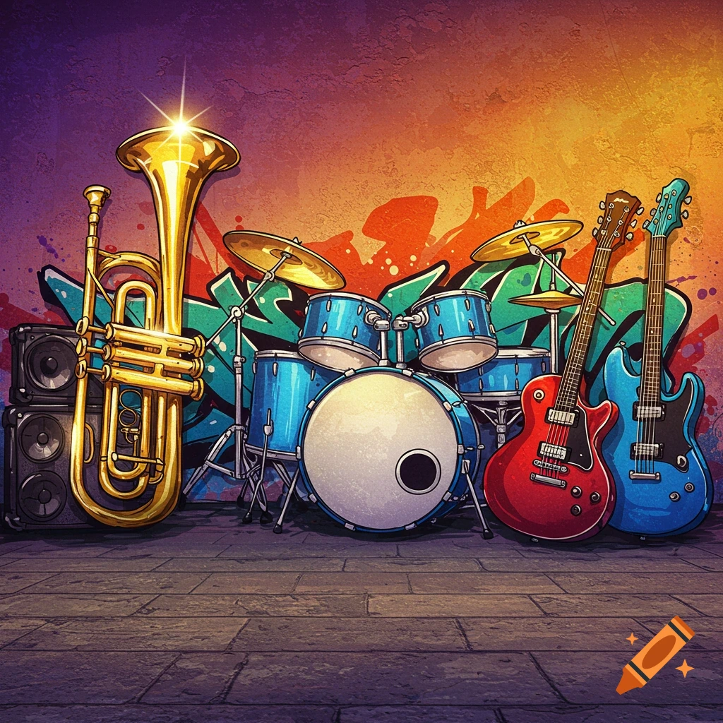 Colorful cartoon illustration of a golden trumpet, drum set, and ...