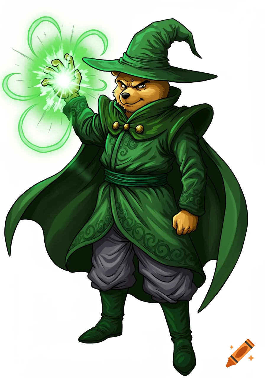 Anime Winnie the Pooh-like bear in green wizard attire charges a ...