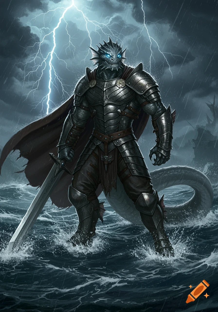 A formidable armored sea-monster humanoid warrior stands in churning ...