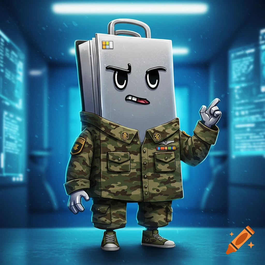 A cartoon character resembling Microsoft Clippy wears military fatigues ...