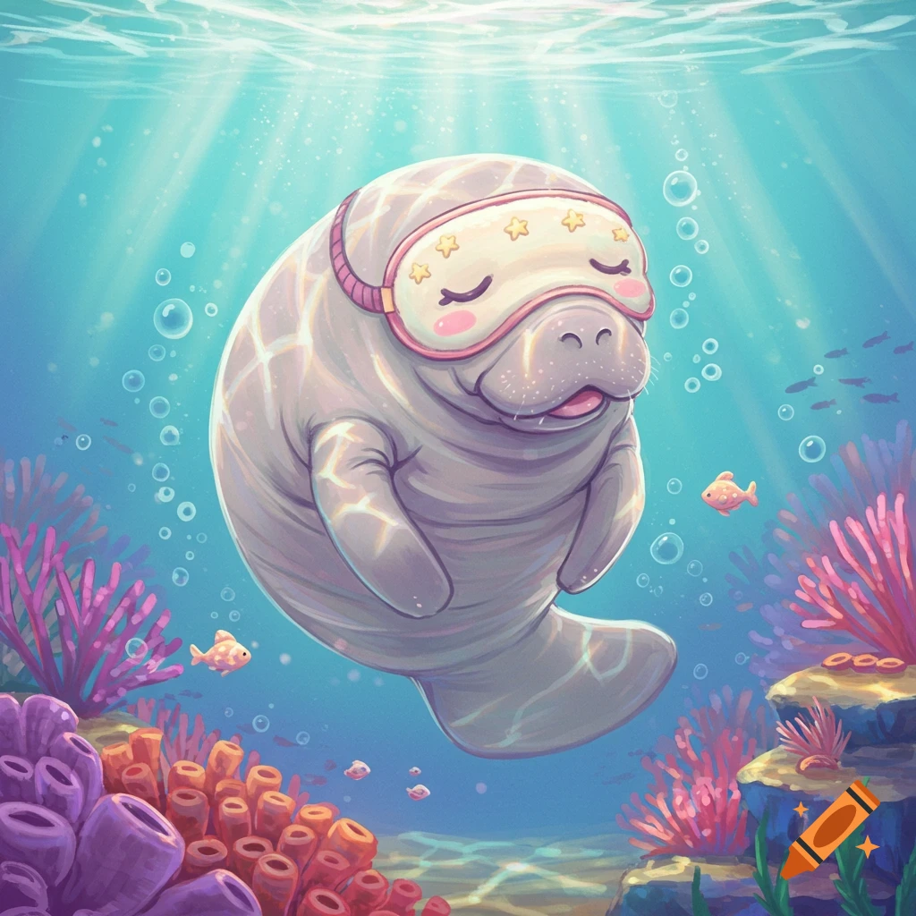 A cute, cartoon manatee sleeps peacefully underwater, wearing a pink ...
