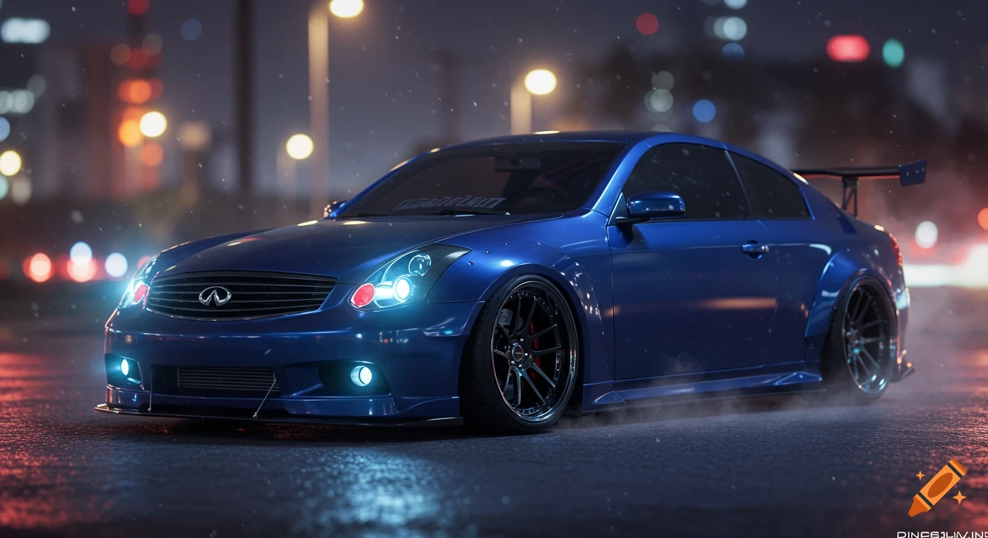 A photorealistic image of a blue, modified Infiniti G35 sports car with ...
