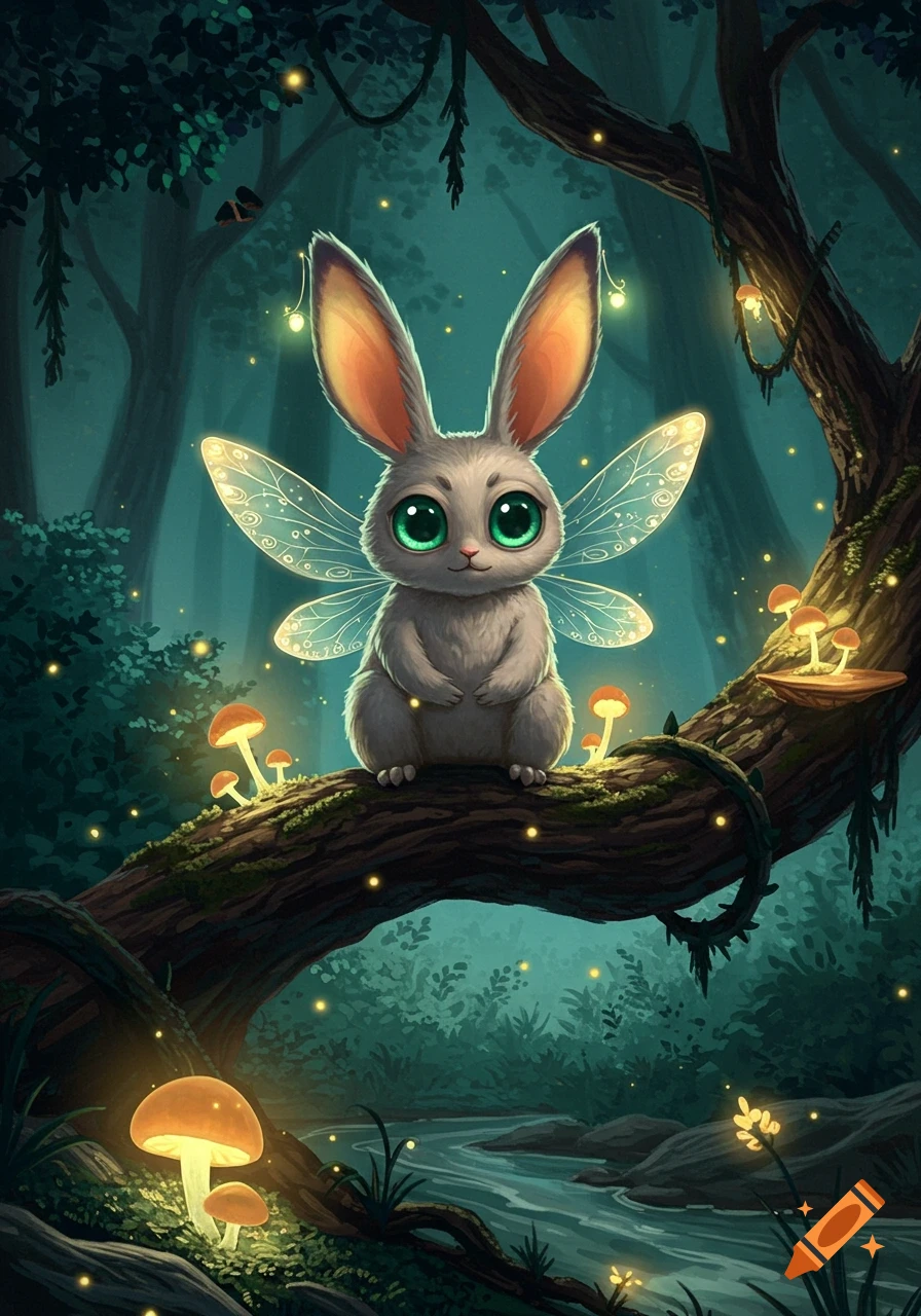A cute, grey fairy bunny with large green eyes and glowing wings sits ...