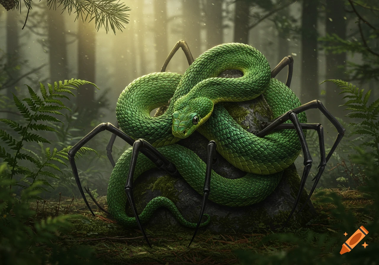 A vibrant green snake with black spider legs coiled on a mossy rock in ...