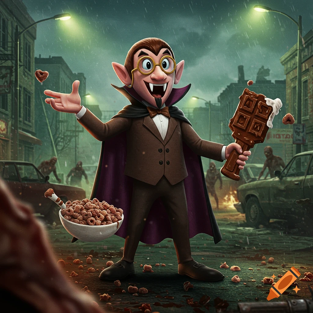 Cartoon of an eggnog character in a jug, surrounded by six flies, under ...