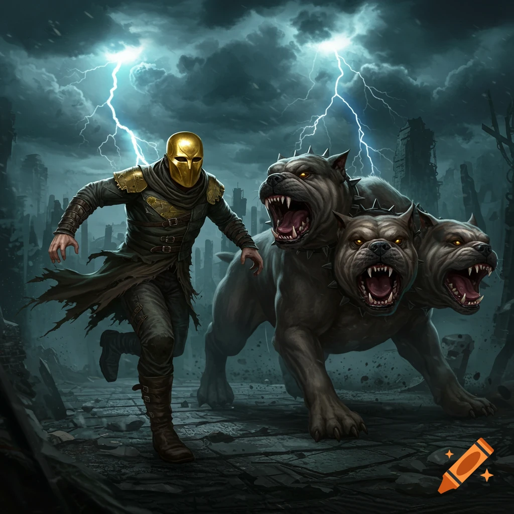 A man in a golden mask and shredded cloak runs from a three-headed ...