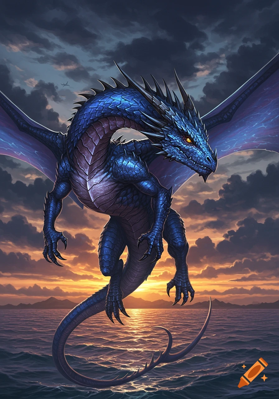 A majestic blue and purple dragon with prominent spikes and yellow eyes ...