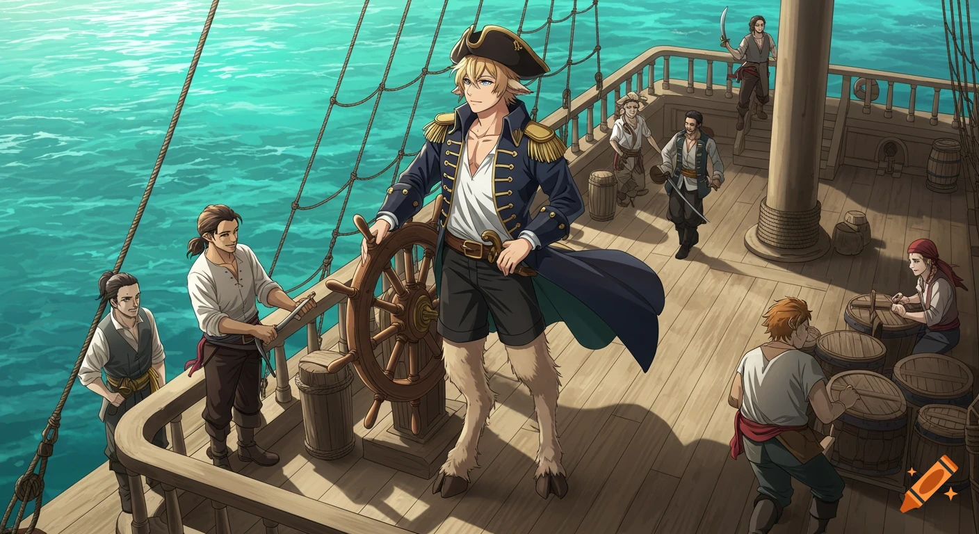An anime-style image of a blond satyr captain at the helm of a pirate ...