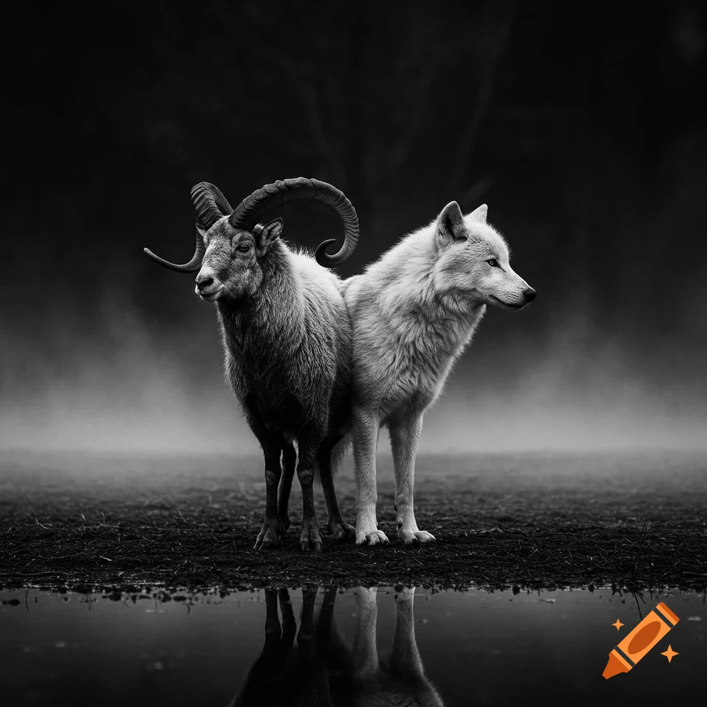 A black and white photo of a goat and a wolf standing back to back in a ...