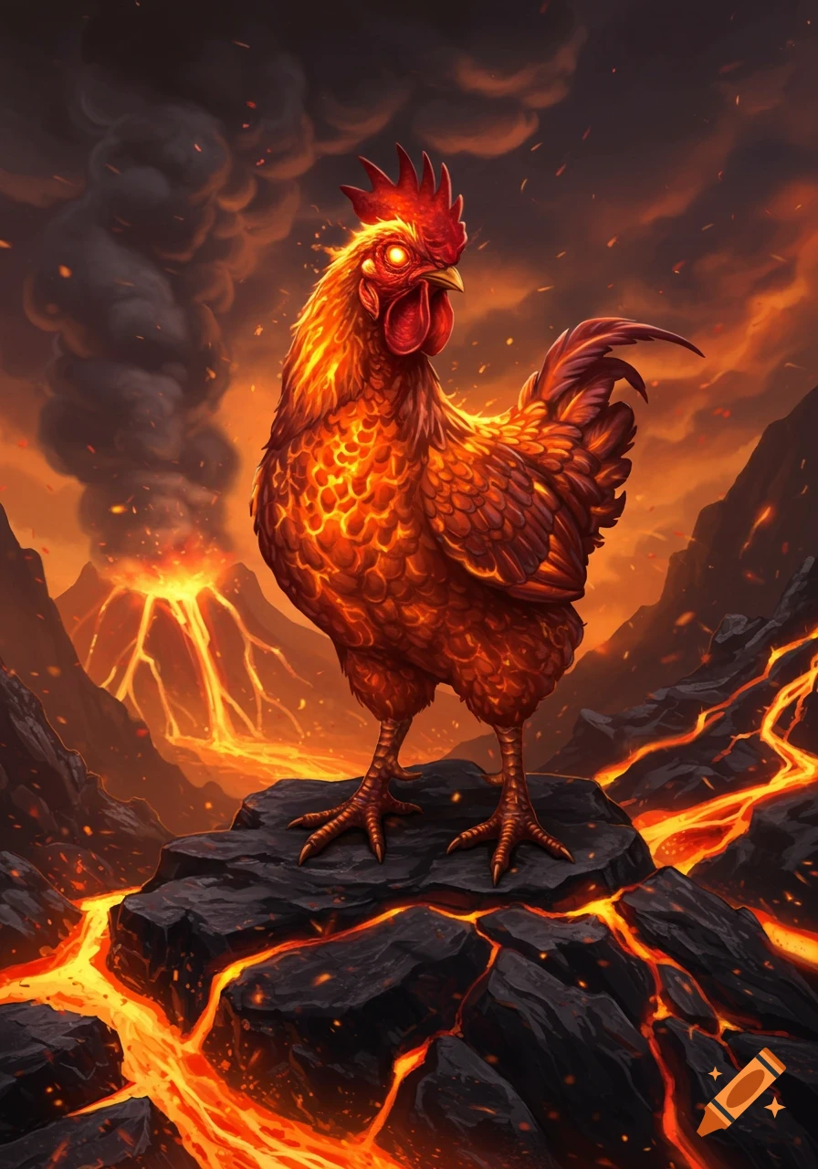 A stylized fiery chicken with glowing eyes stands on a rock in a ...