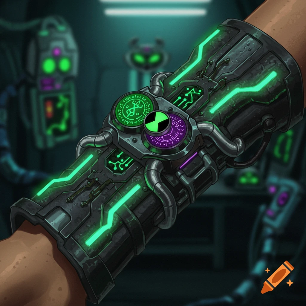 An arm wearing a glowing green and purple sci-fi gauntlet with ...