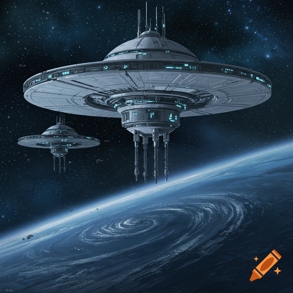 Two futuristic disc-shaped space stations orbit a blue planet with ...