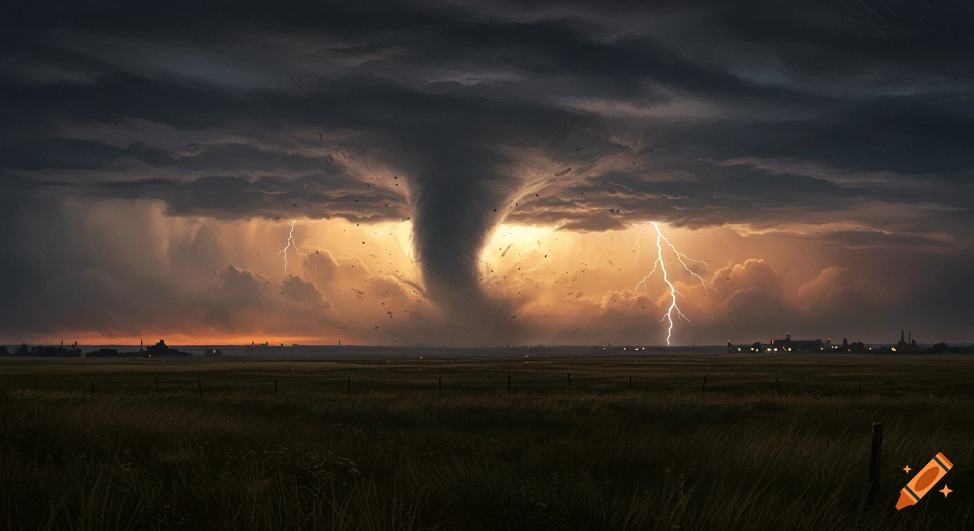 Photorealistic image of a powerful tornado with lightning striking above a dark field under a ...