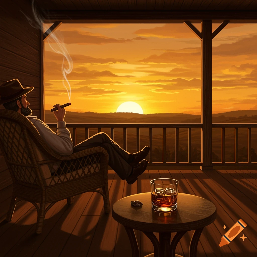 A man in a hat sits on a porch chair, smoking a cigar and watching the ...
